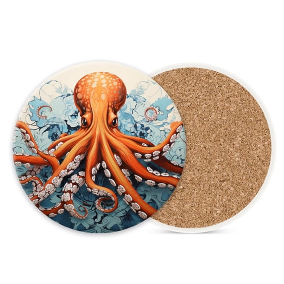 Ceramic Stone Cork Drink Coasters Set of 1, Orange Octopus with White ...