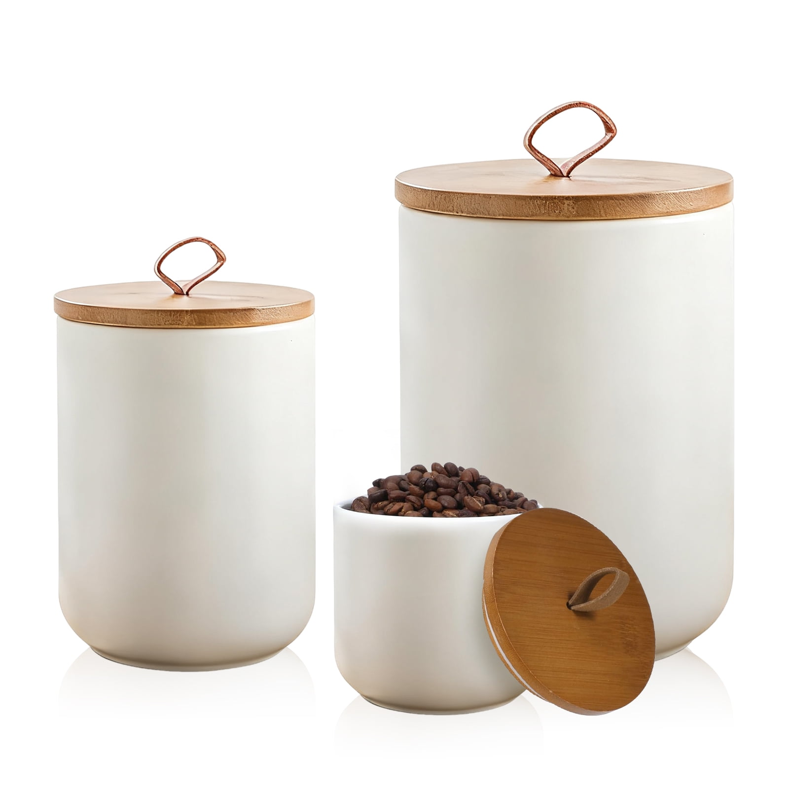 Ceramic Storage Canisters Set with Airtight Bamboo Lids, 3-Piece Pantry ...