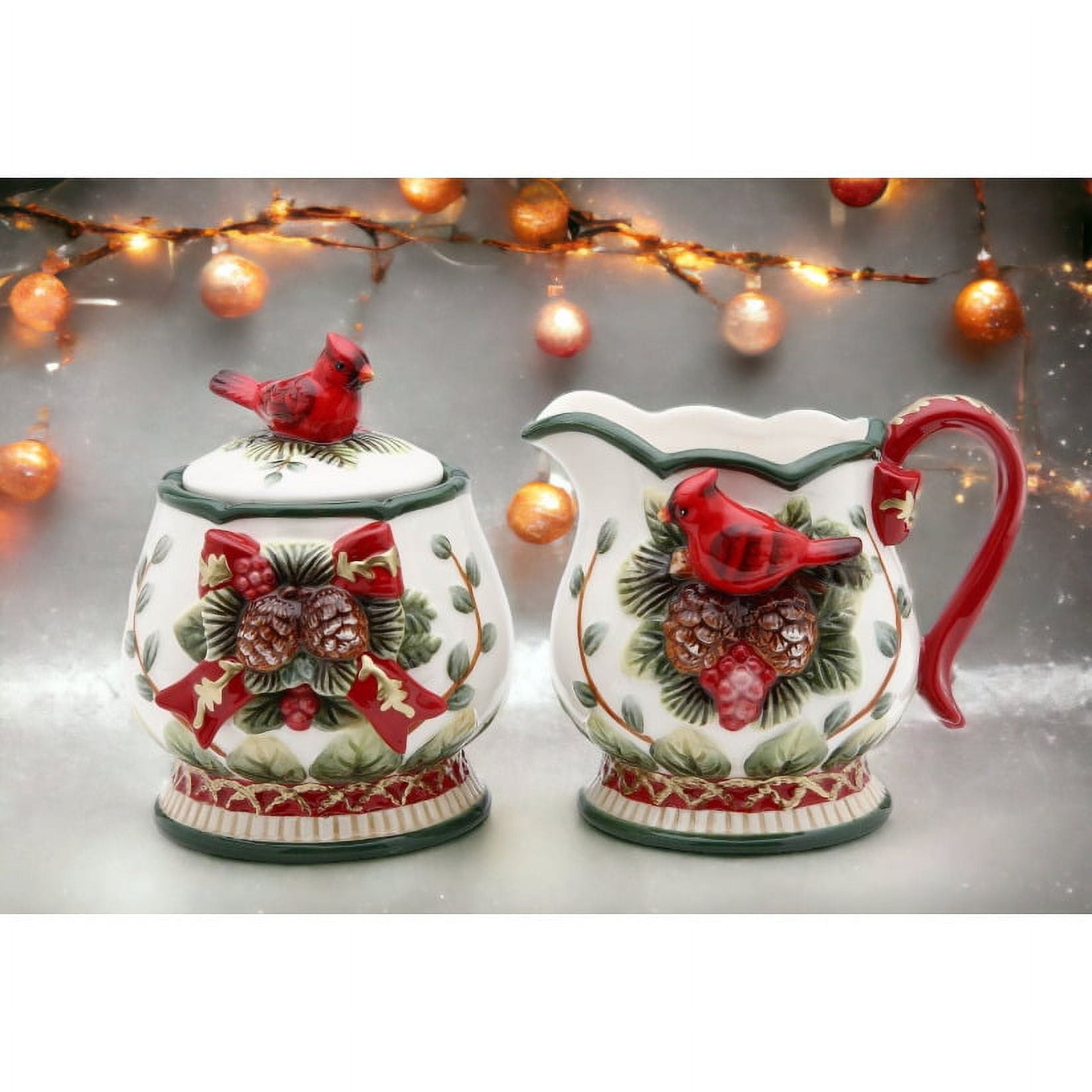 Ceramic Sugar Bowl and Creamer Set with Cardinals and Pine Cones ...