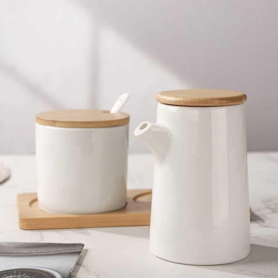 Ceramic Sugar and Creamer Set with Wooden Tray for Home Kitchen Coffee ...