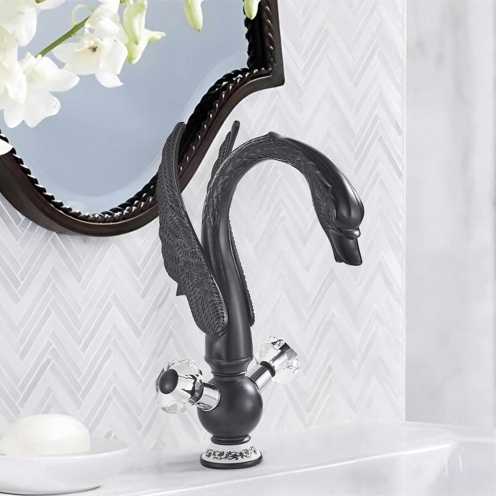 Ceramic Swan Bathroom Sink Faucet Waterfall Basin Dual Handle Single ...
