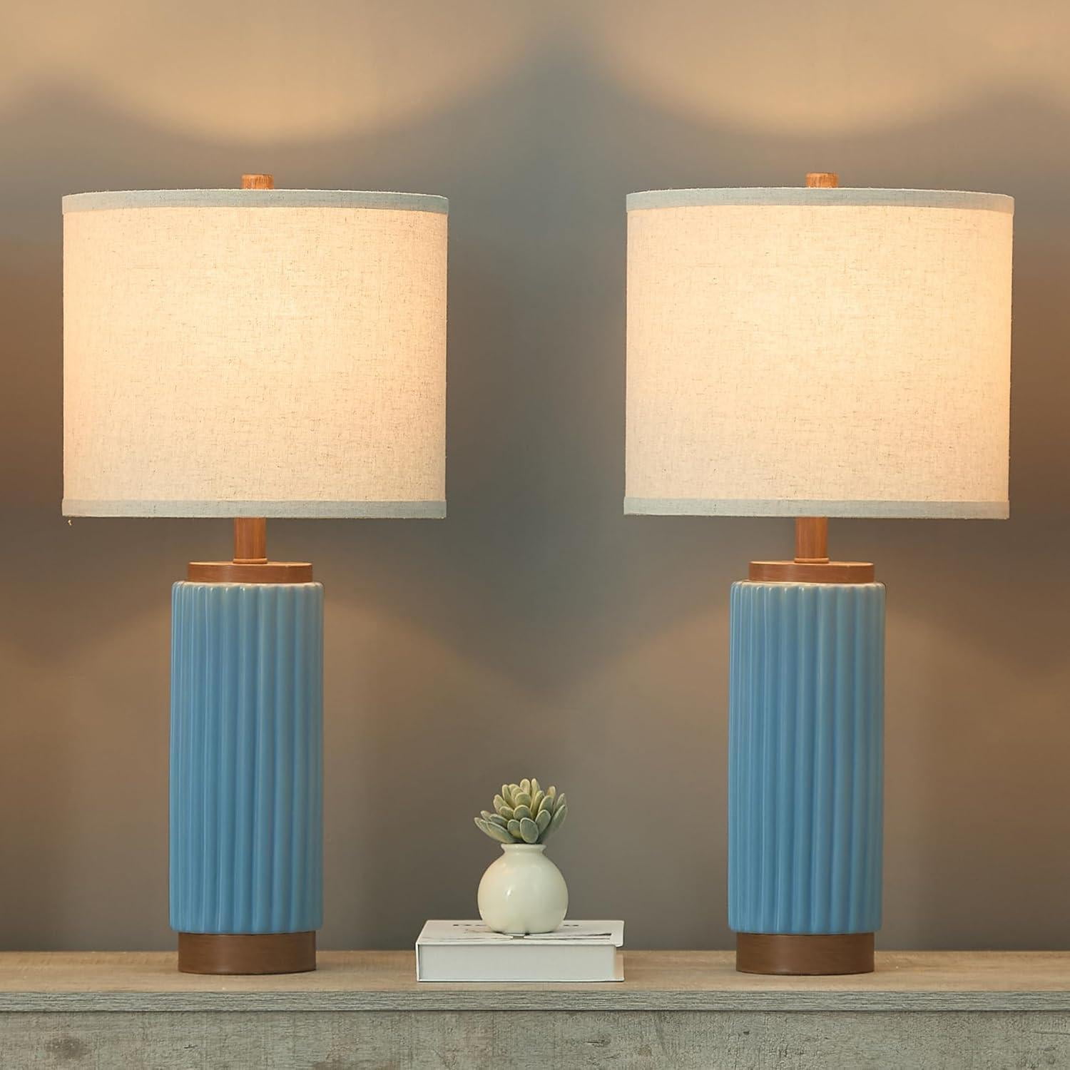 Ceramic Table Lamp Set of 2, 25" Modern Farmhouse Bedside Lamps with ...
