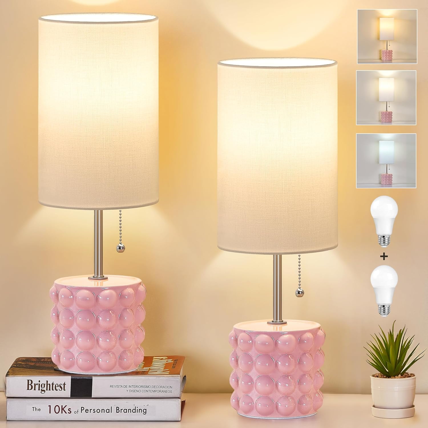 Ceramic Table Lamp Set of 2, Small Bedside Table Lamps, Modern Pull ...