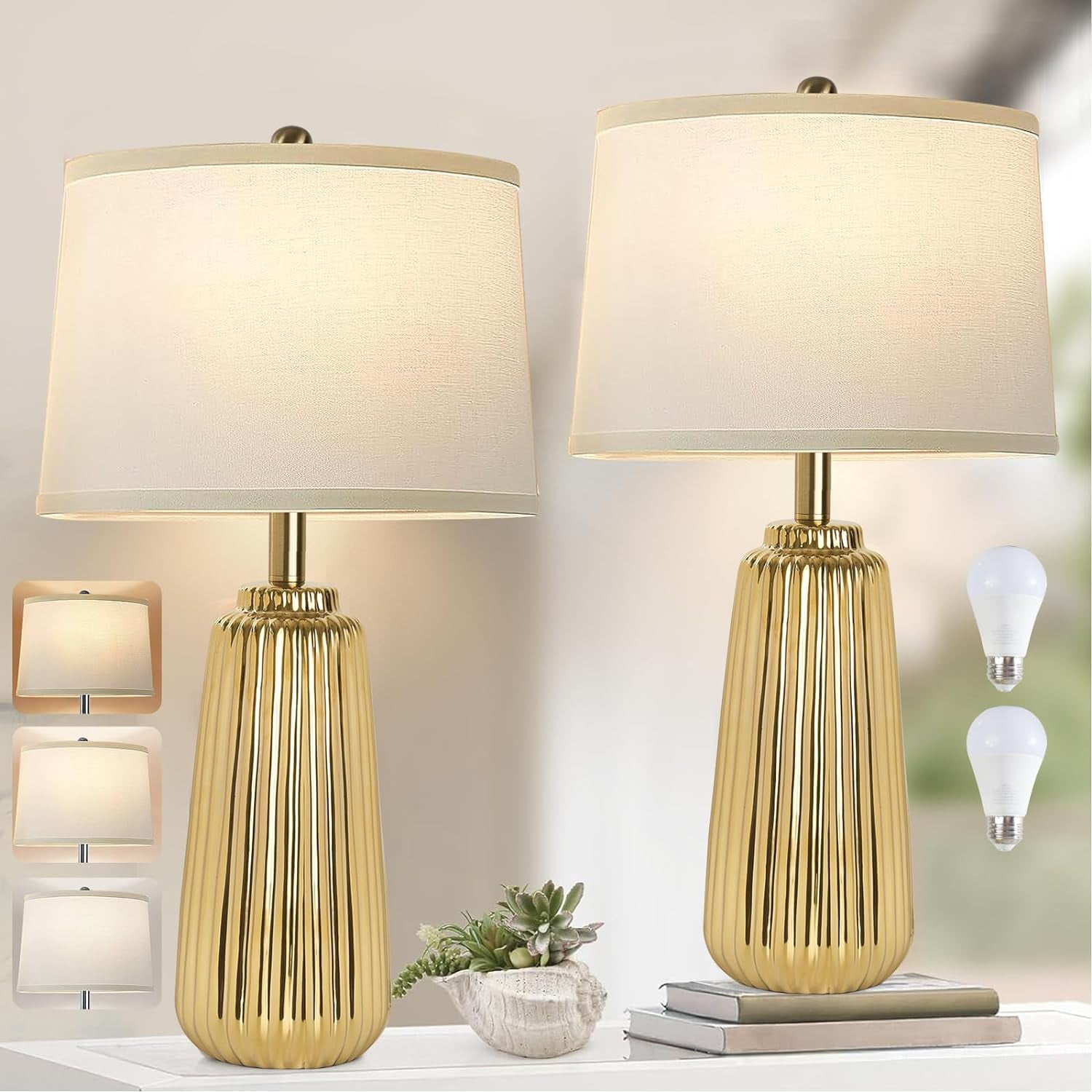 Table Lamps Set of 2, 25Inch Modern Gold Table Lamps for Bedroom Living ...