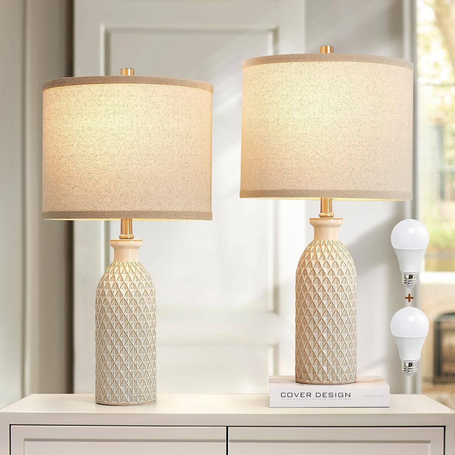 Ceramic Table Lamps Set of 2, Farmhouse 24.8" Bedside Lamps with 3 ...