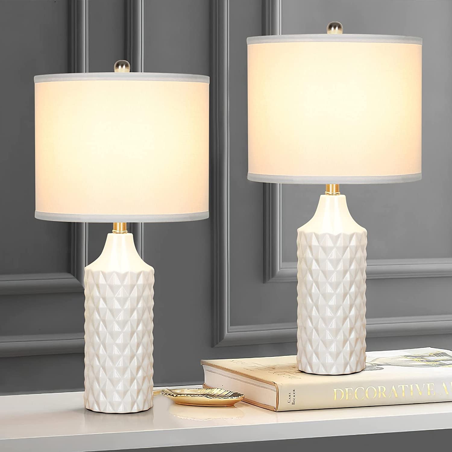 Ceramic Table Lamps Set of 2, White Modern Bedside Lamp 25" Nightstand ...