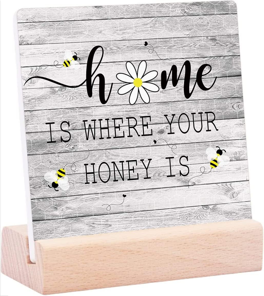 Ceramic Table Plaque with Wooden Stand Desk Decorations- Cartoon Bees ...