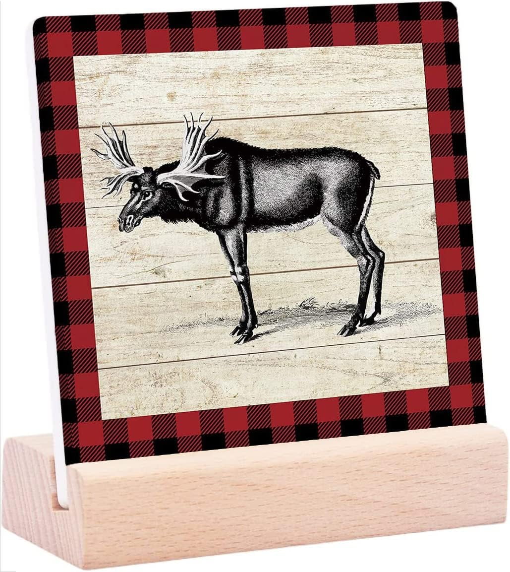 Ceramic Table Plaque with Wooden Stand Desk Decorations- Christmas Elk ...