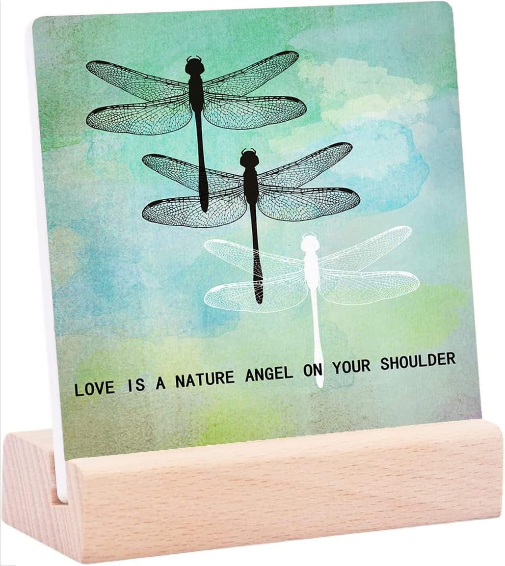 Ceramic Table Plaque with Wooden Stand Desk Decorations- Dragonflies ...