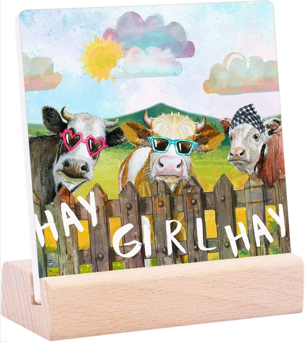 Ceramic Table Plaque with Wooden Stand Desk Decorations- Farmhouse Cow ...