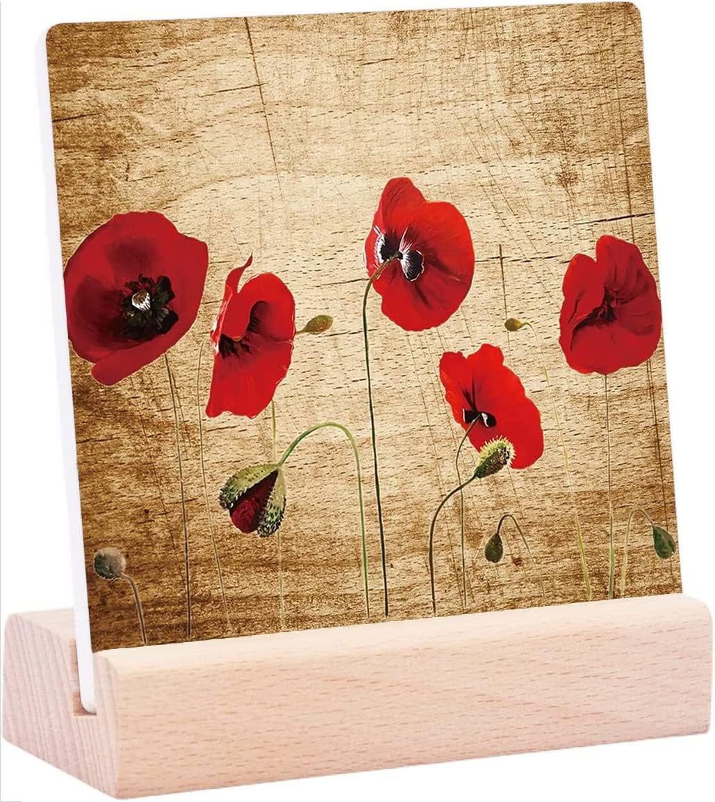 Ceramic Table Plaque with Wooden Stand Desk Decorations- Red Flower ...