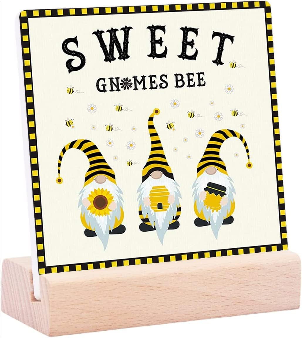 Ceramic Table Plaque with Wooden Stand Desk Decorations- Sweet Gnomes ...
