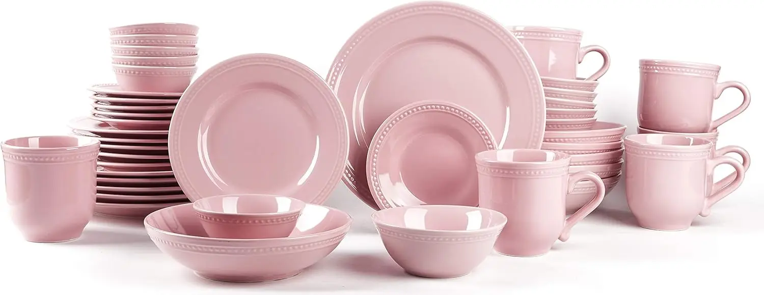 Ceramic Tableware Set Pearl Dots Stoneware Dinnerware Set 42pc Set Pink ...