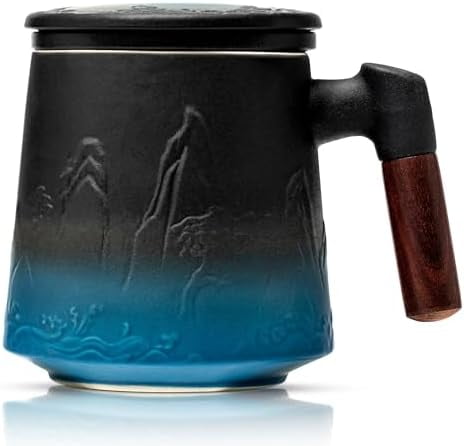 Ceramic Tea Cup with Infuser and Lid, Gradient Embossed Large Tea Mug ...