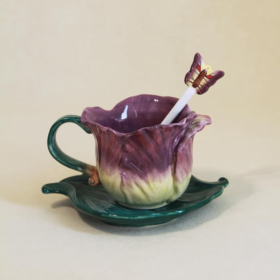 Ceramic Tea Cup and Saucer Set ，6OZ 3D Hand-Painted Flower Coffee Mug ...