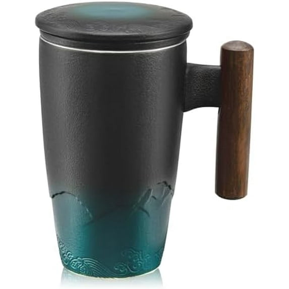 Ceramic Tea Cup with Infuser and Lid Tea Mugs Wooden Handle 400ml/13 ...