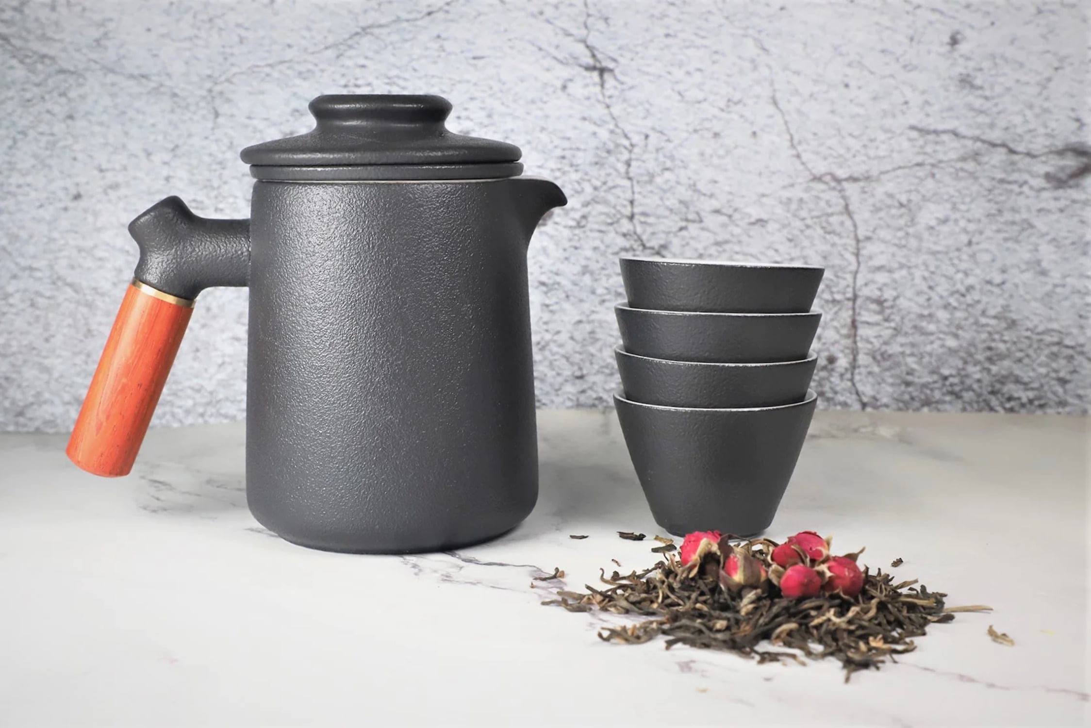 Ceramic Tea Set With 1 Teapot And 4 Cups Wooden Handle With Infuser ...