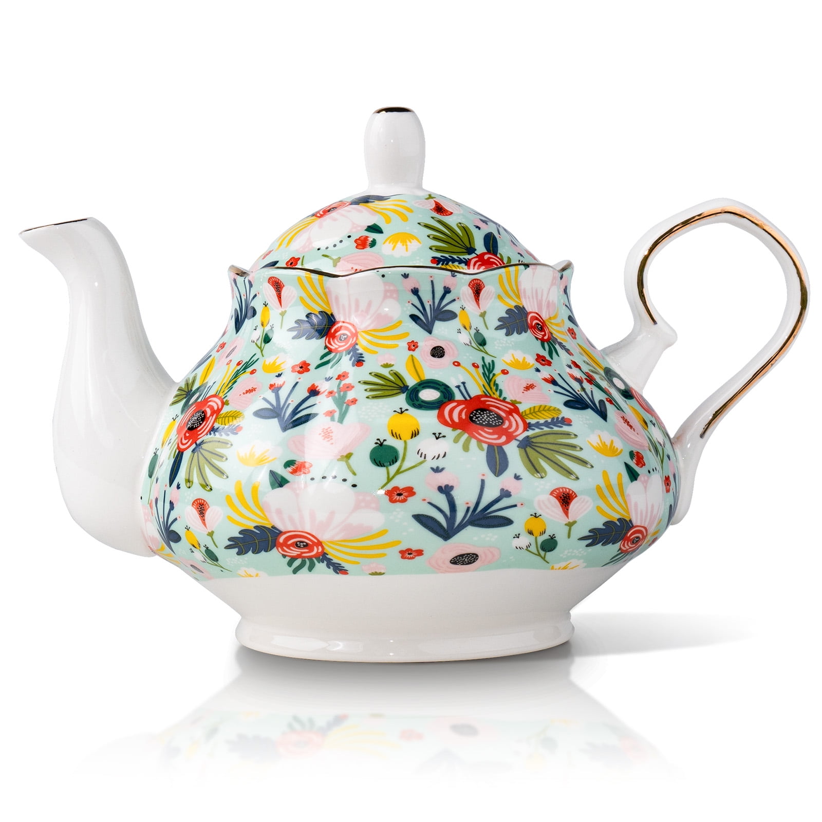 Ceramic Teapot, 33.8 oz – Watercolor Floral Design with Lid Gold Trim ...