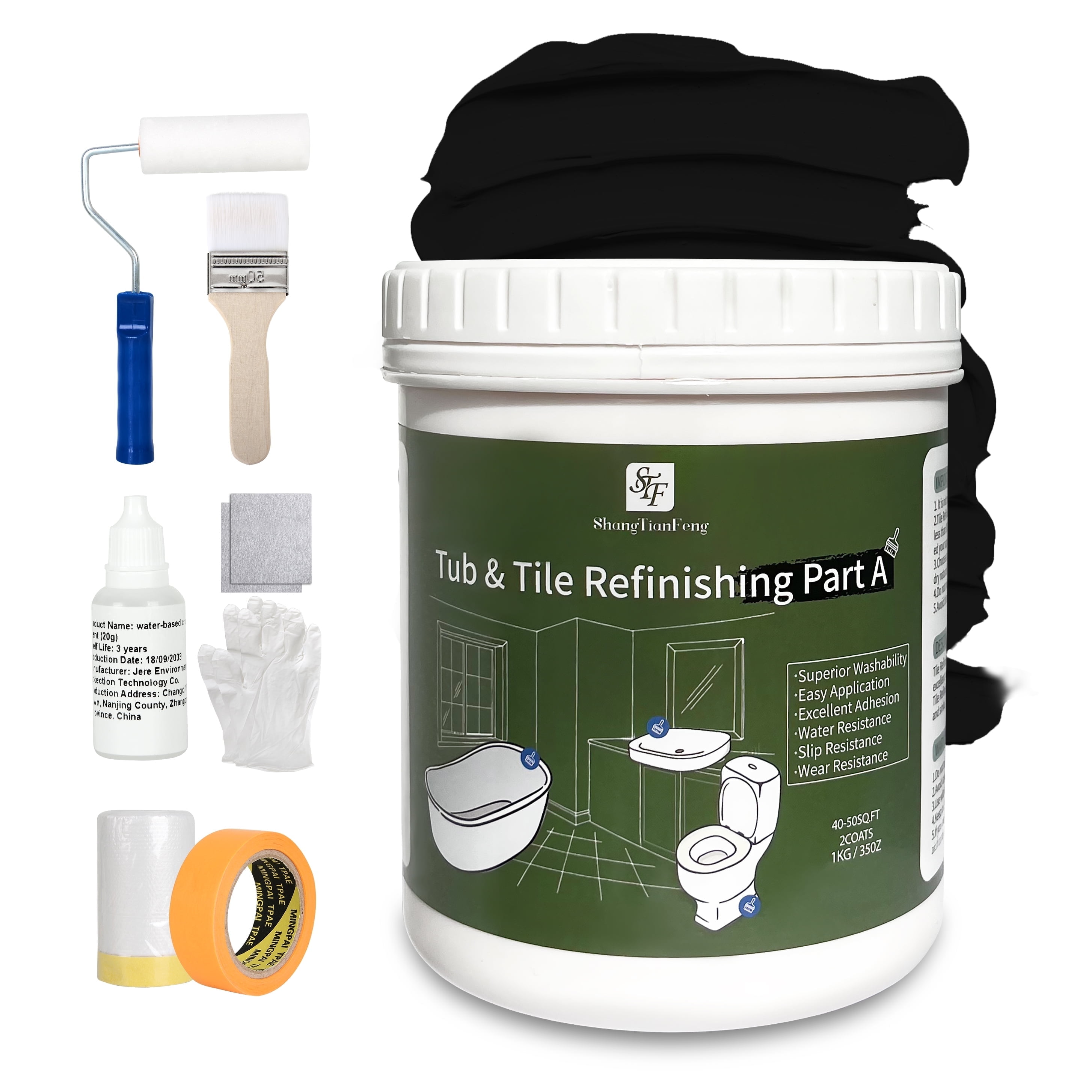 Ceramic Tile Paint Refinishing Kit (black/32Oz 50-60sq.ft) - Easy to Use Bathtub and Sink ...