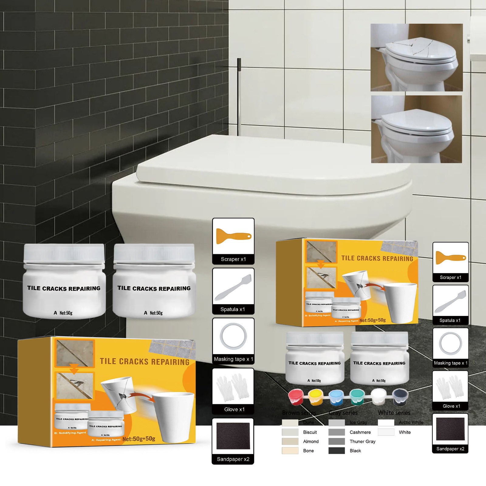 Ceramic Tile Repair Paste Kit - 50g x 2 Tubes, 6 Pigment Colors ...