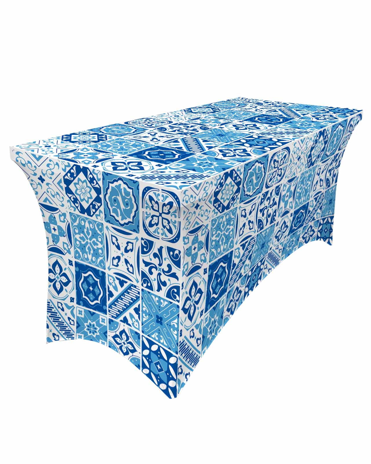 Ceramic Tiles Bohemian Floral Blue Elastic Table Skirt Wedding Hotel ...
