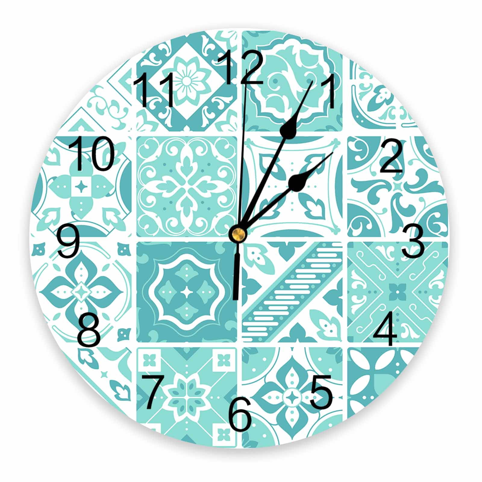 Ceramic Tiles Bohemian Floral Blue PVC Wall Clock Bedroom ration Wall ...