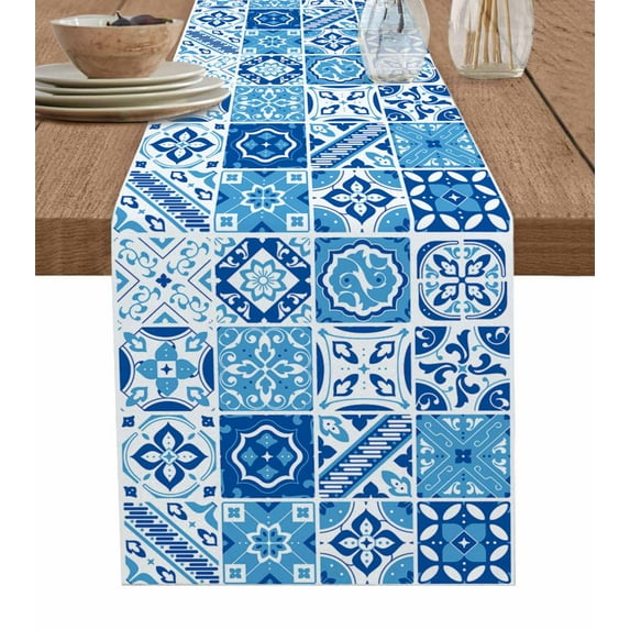 Ceramic Tiles Bohemian Floral Blue Table Runners Dresser Scarf Table r ...