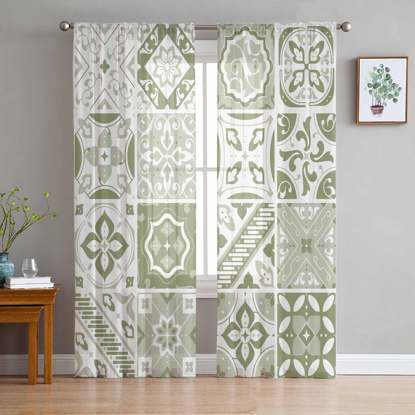 Ceramic Tiles Bohemian Floral Sage Green Window Tulle Curtains for ...