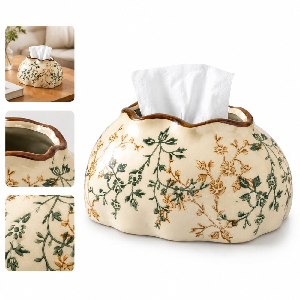 Ceramic Tissue Box Cover Round, Floral Pattern Tissue Holder for Living ...