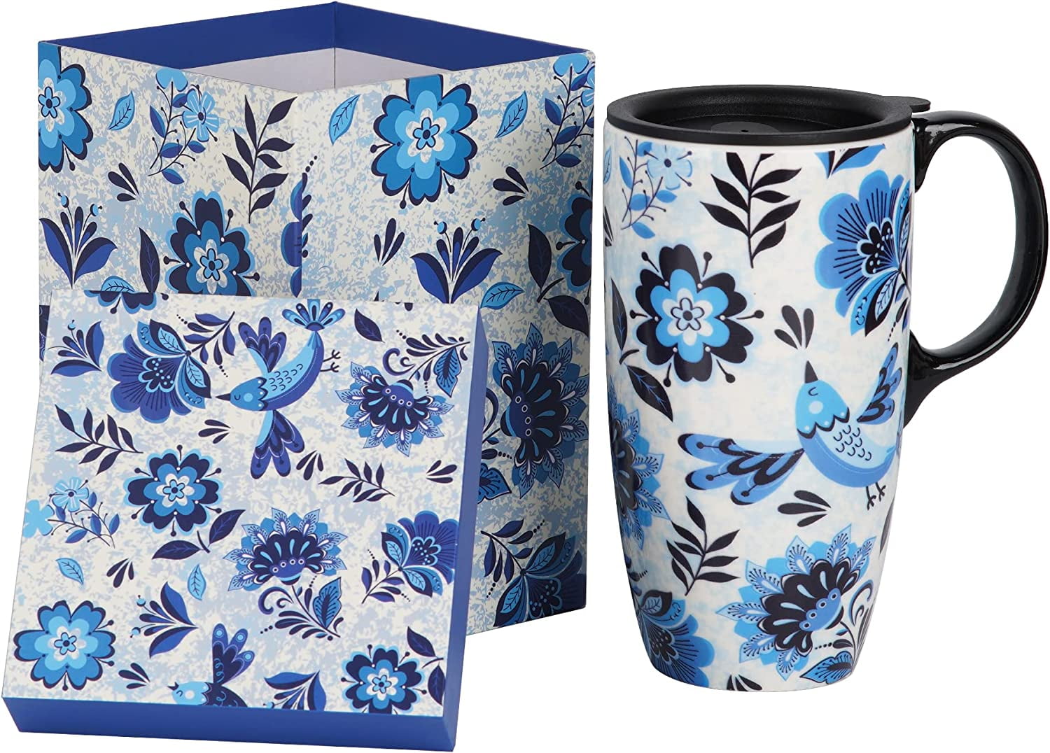 17 Oz. Bird Ceramic Travel Mug with Spill-proof Lid, Dishwasher Safe ...