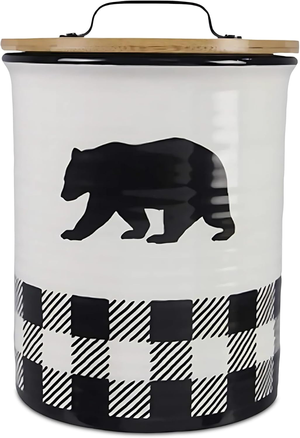 Ceramic Treat Jar with Airtight Lid, Black and White Buffalo Plaid Bear ...