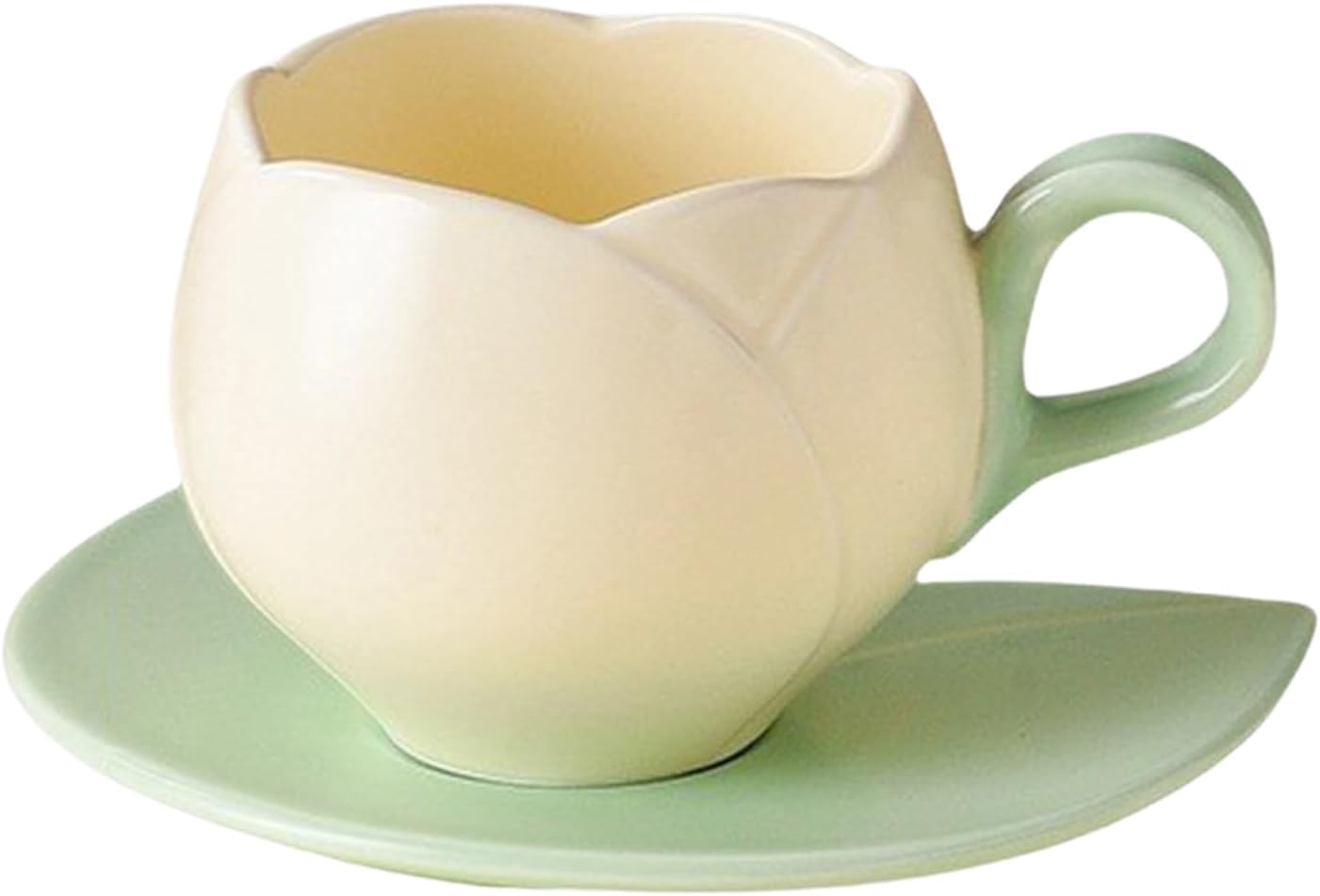 Ceramic Tulip Coffee Mug with Saucer, Flower Shaped Cup with Green ...