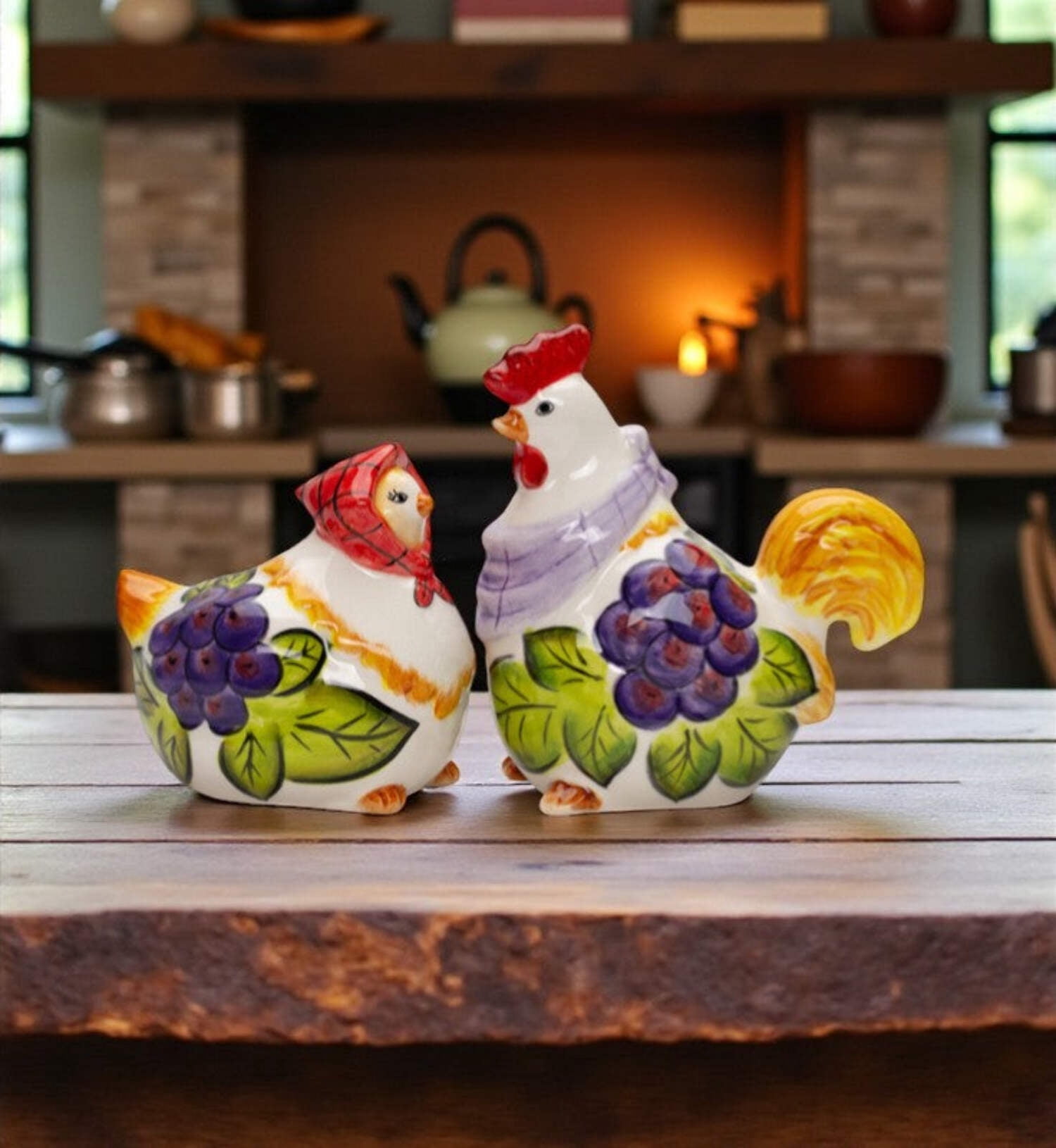 Ceramic Tuscany Rooster Hen Salt and Pepper with Grape Theme, Farmhouse ...