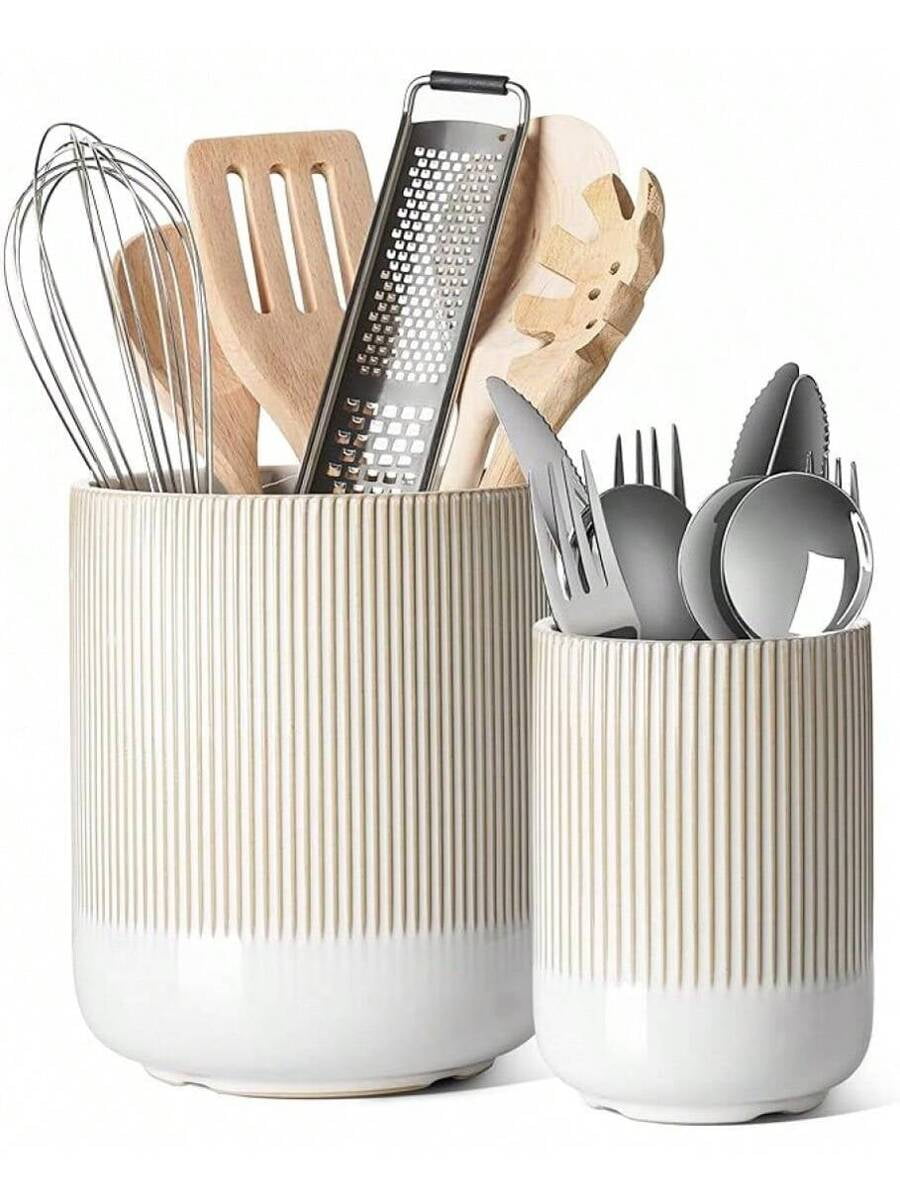 Ceramic Utensil Holder Set Of 2，Large Countertop Crocks For Spatulas ...