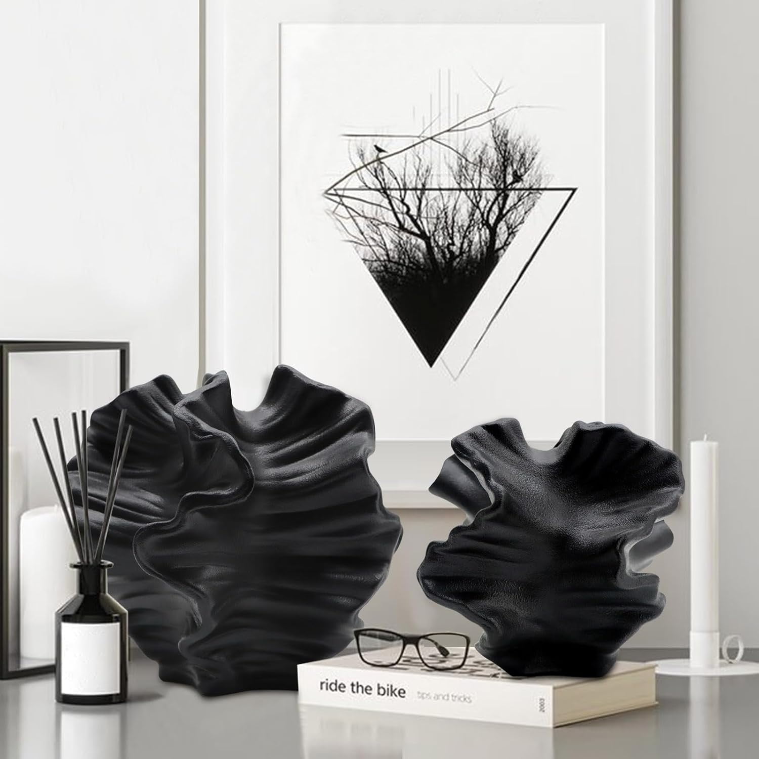 Ceramic Vase - Set of 2 for Home Dr,Black Flower Shape Vases Minimalist ...