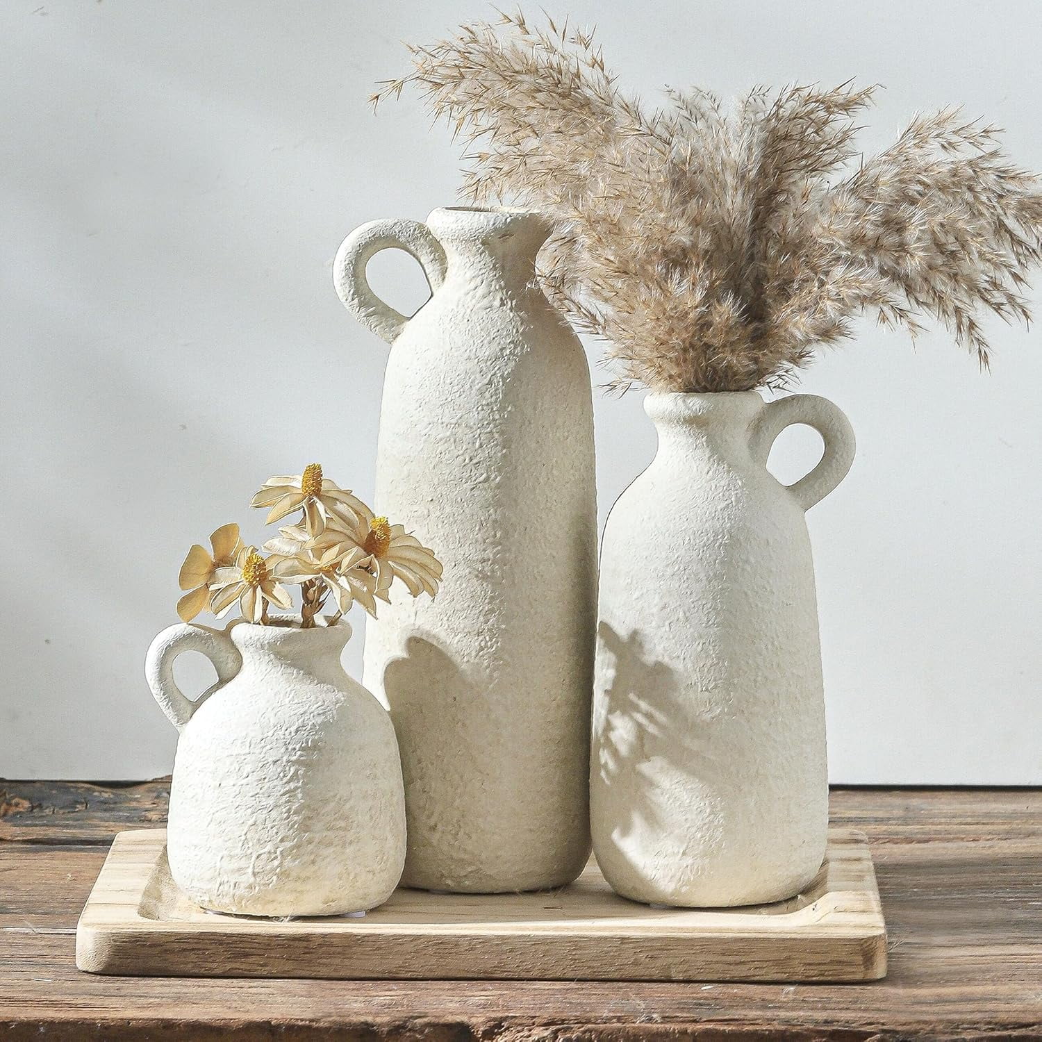 Ceramic Vase Set of 3 with Handle, Neutral Rustic Vases Home Decor ...