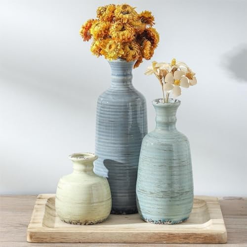 Ceramic Vase Set of 3 with Handle, Neutral Rustic Vases Home Decor ...