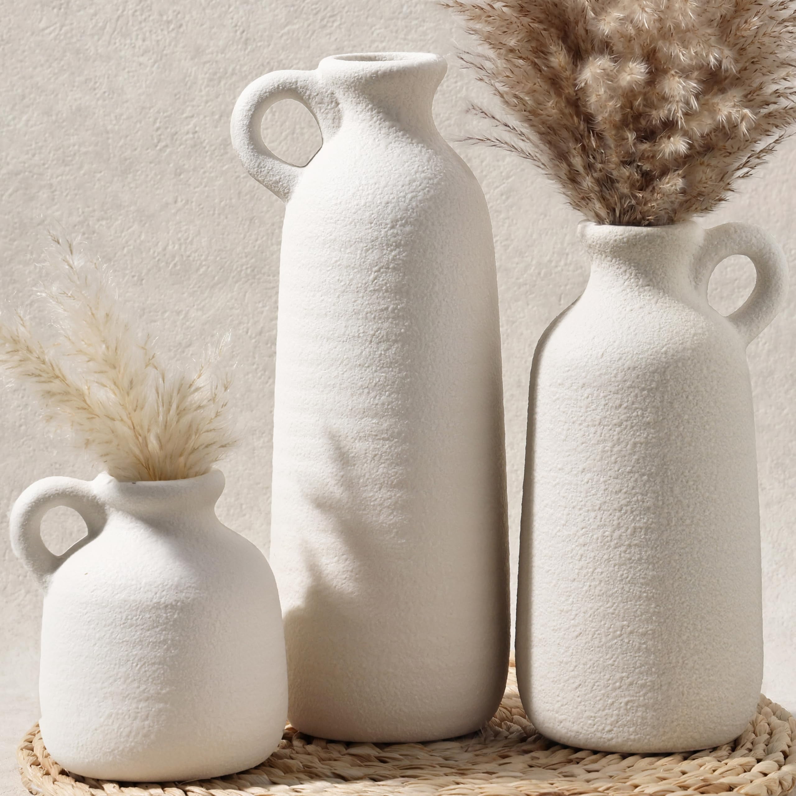 Ceramic Vase Set 3pcs- White With Handle Modern Farmhouse Decor for ...