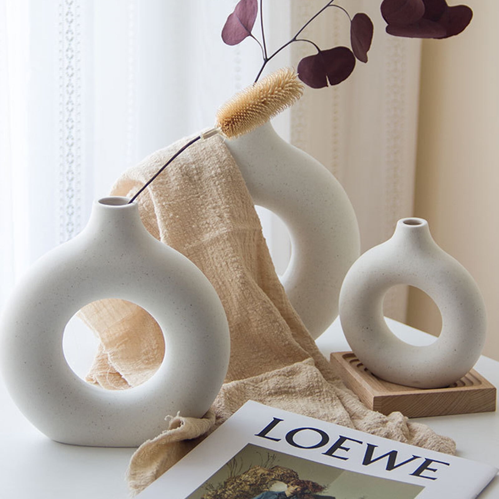 Ceramic Vases Set of 3 for Modern Home Decor,Round Matte Pampas Flower ...
