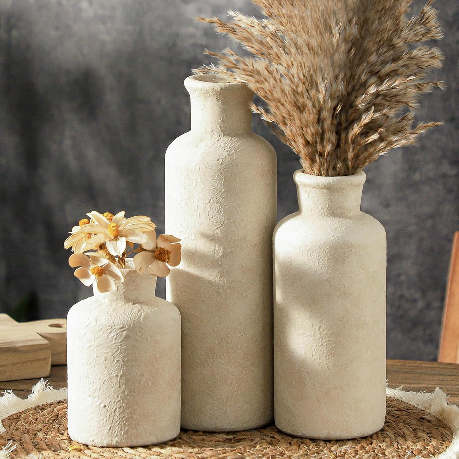 Ceramic Vases Set of 3, Whitewashed Neutral Flower Vases Home Decor ...