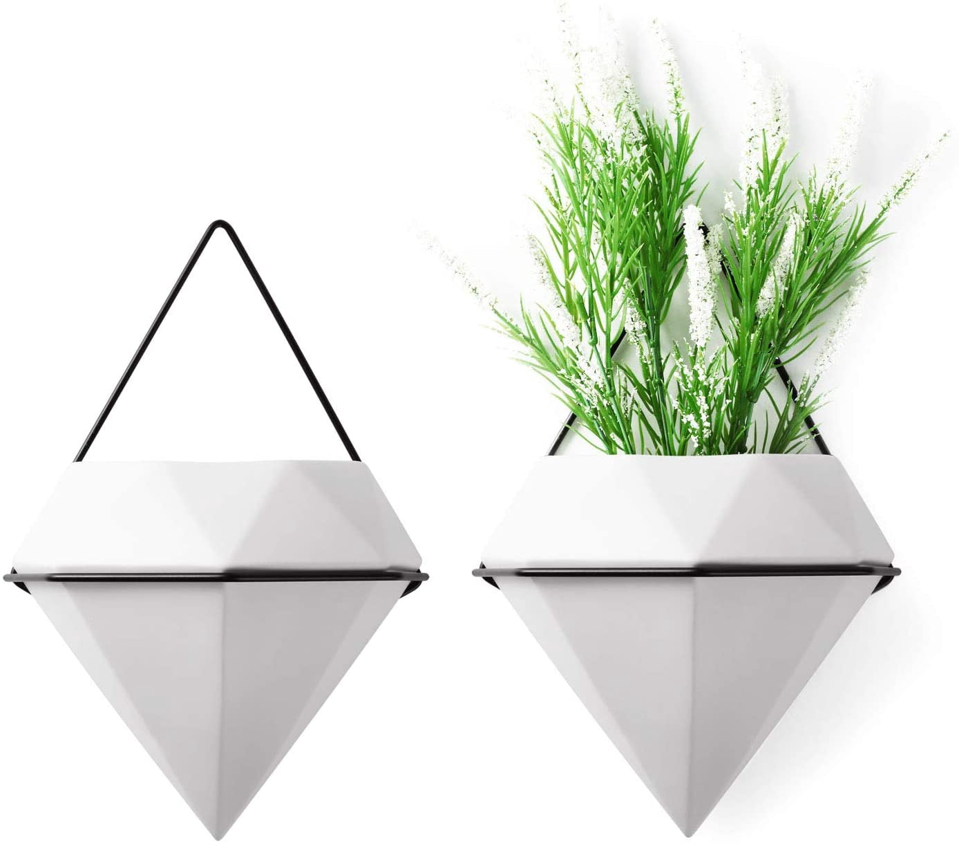 Ceramic Wall Planter with Plant Holder, Set of 2 White Diamond Shape ...