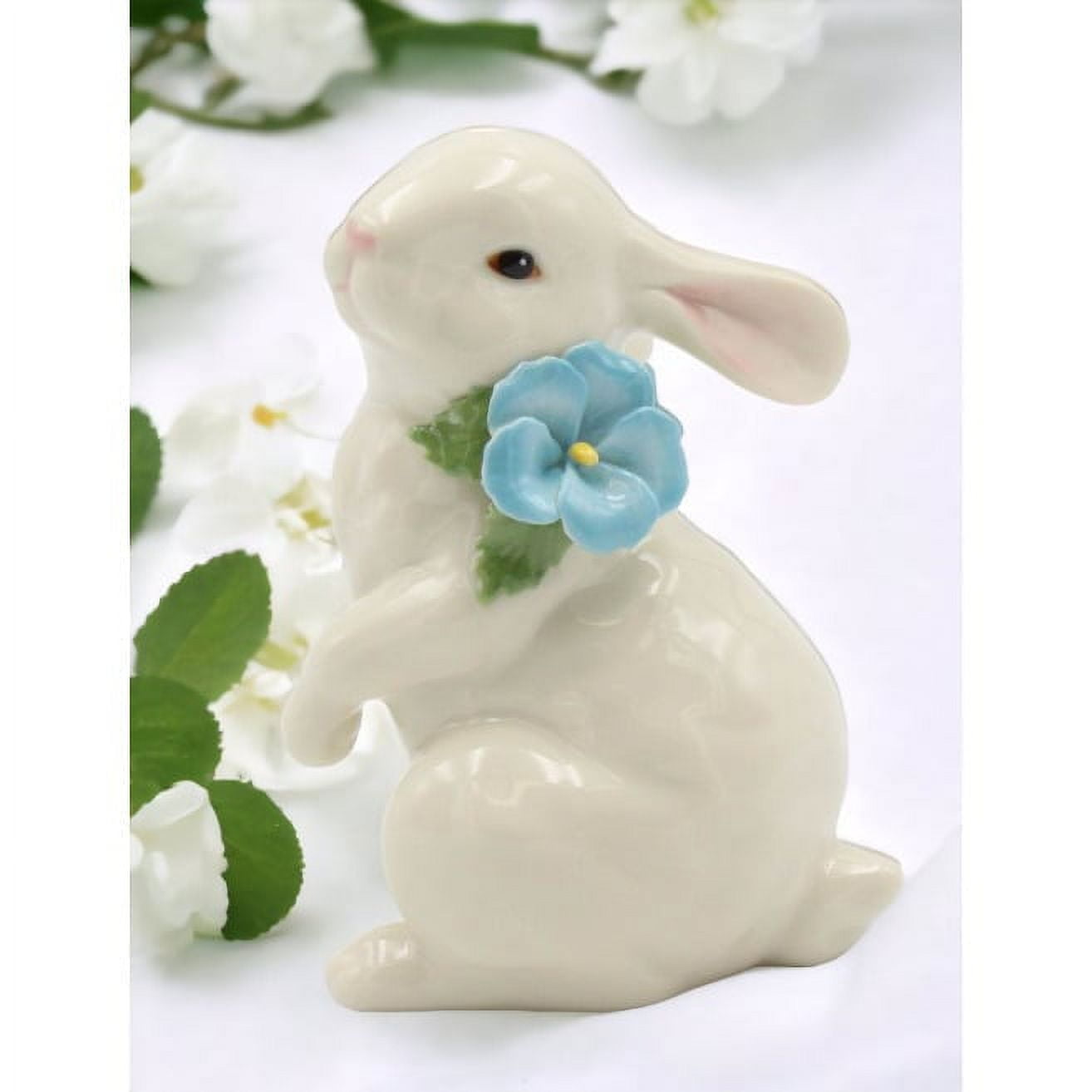 Ceramic White Rabbit with Blue Pansy Flower Figurine, Decorative ...