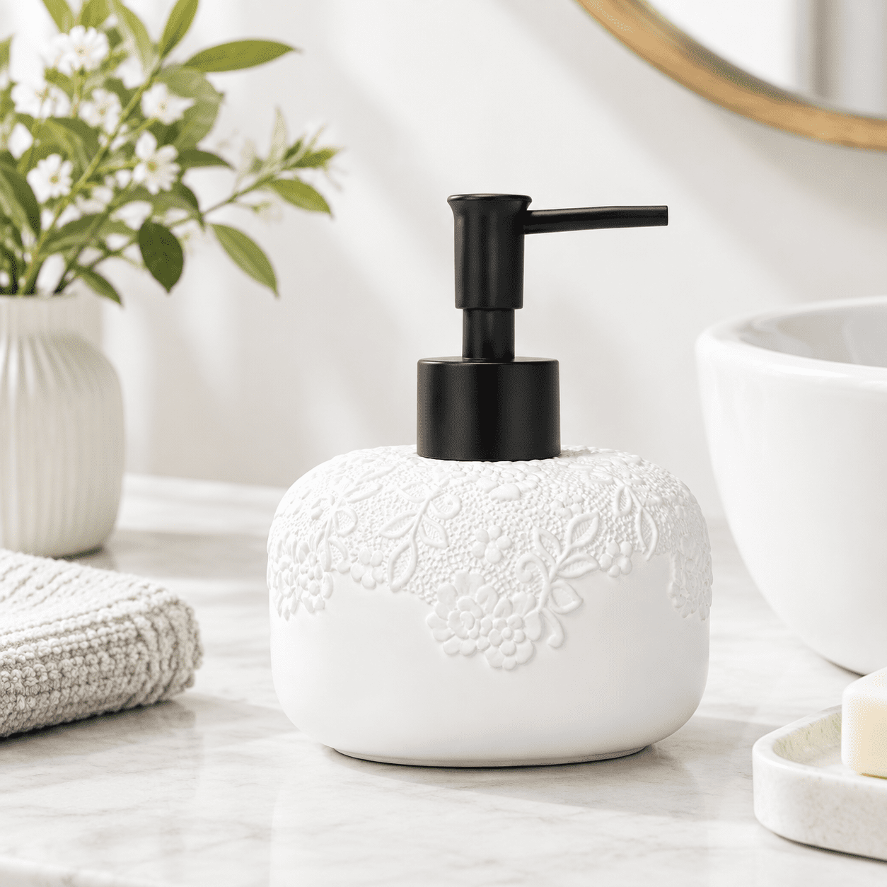 Ceramic White Soap Dispenser With Embossed Design Look Liquid Rust ...