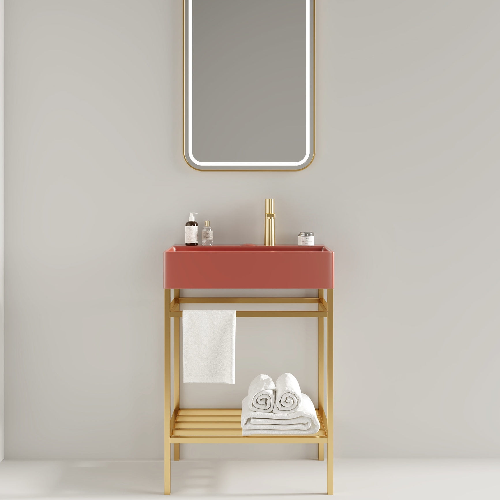 Ceramic basin with expandable drainpipe, gold storage features - In the ...