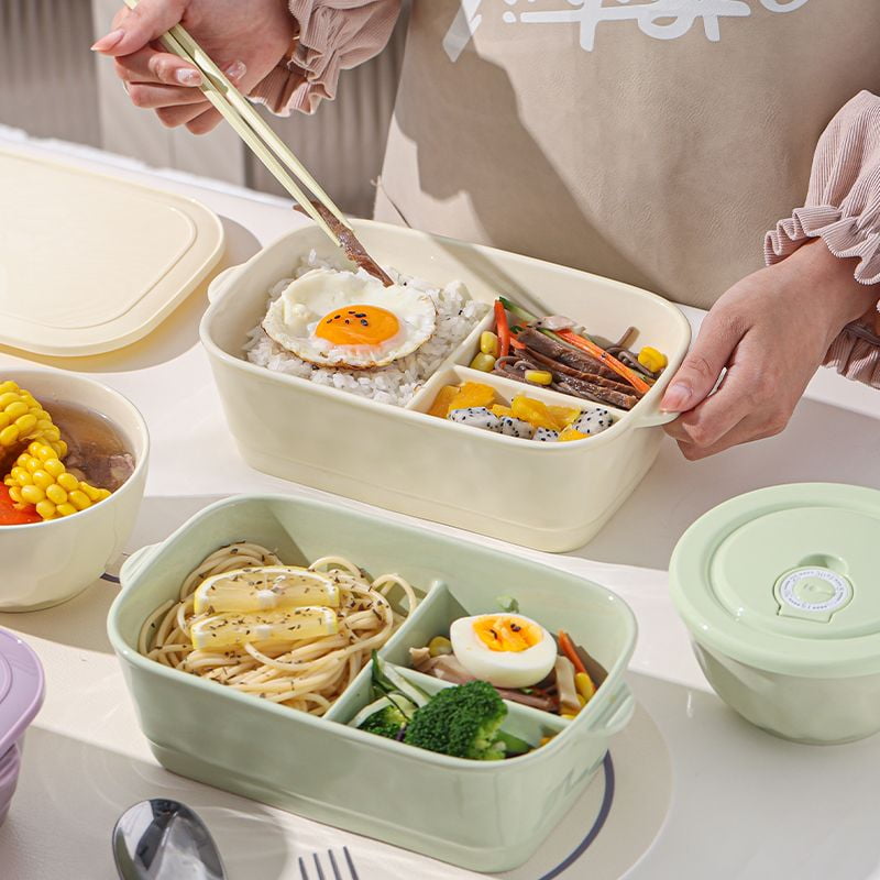 Ceramic lunch box for office workers microwave heating compartmentalized fresh-keeping bowl with ...