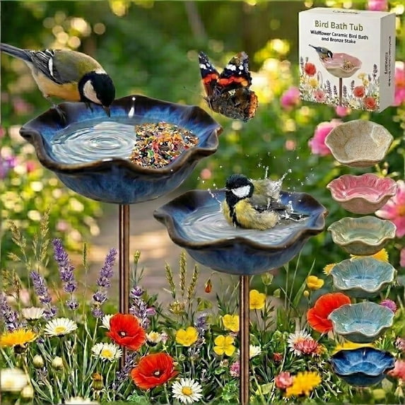 Ceramics Flower Garden Stakes Bird Bath Handmade, Bee Watering Station ...