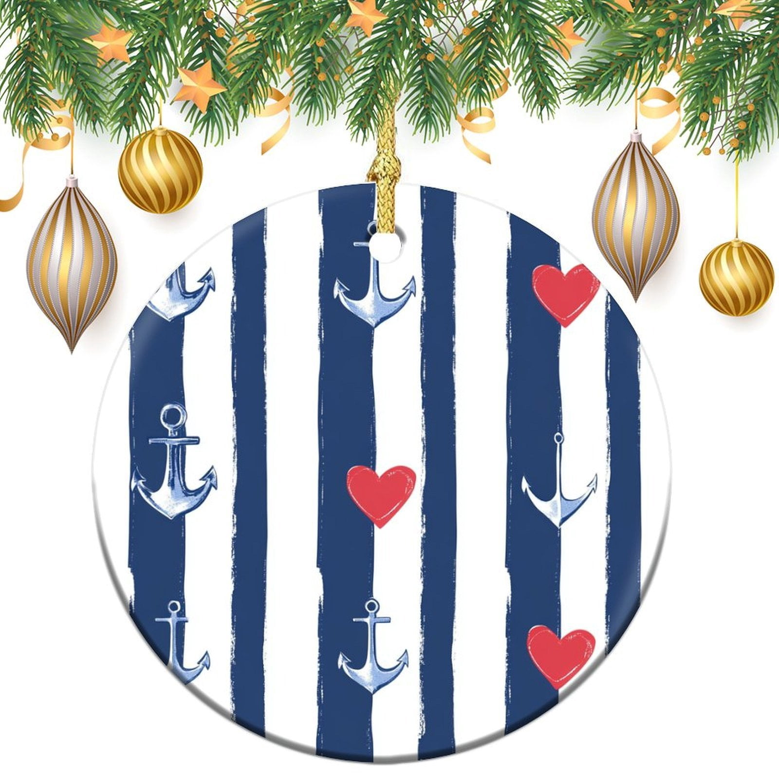Ceramics Ornaments Blue Stripes with Red Hearts And A Nautical Anchor ...