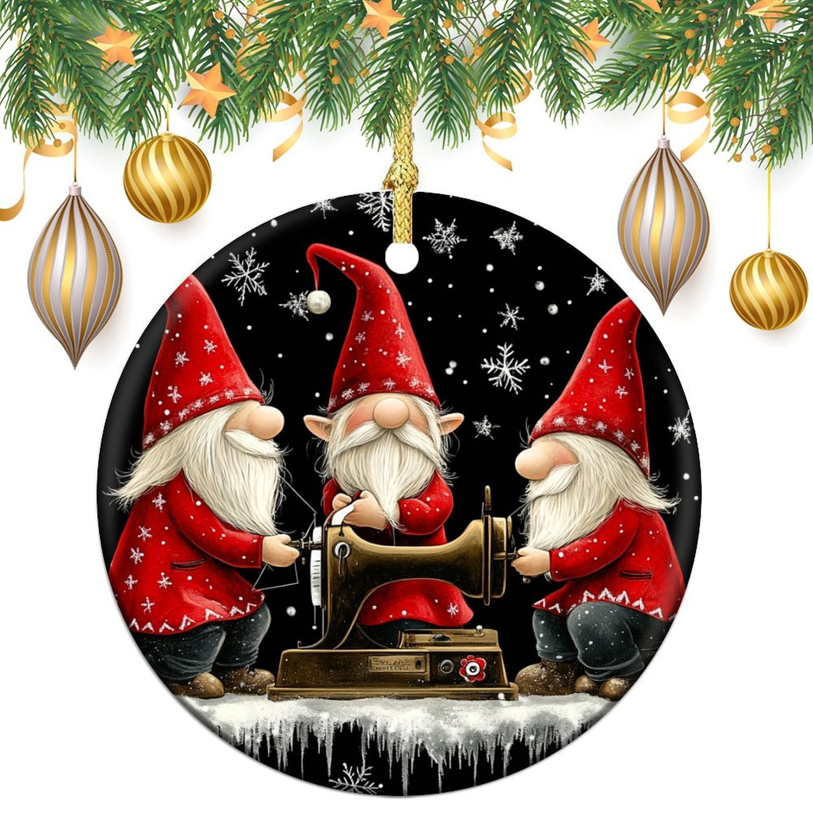 Ceramics Ornaments Gnomes Sewing on An Old Vintage Sewing Machine ...