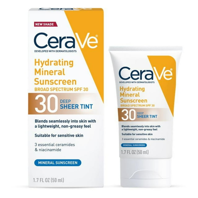 CeraVe Tinted Hydrating Mineral Sunscreen Lotion SPF 30 for Face with ...