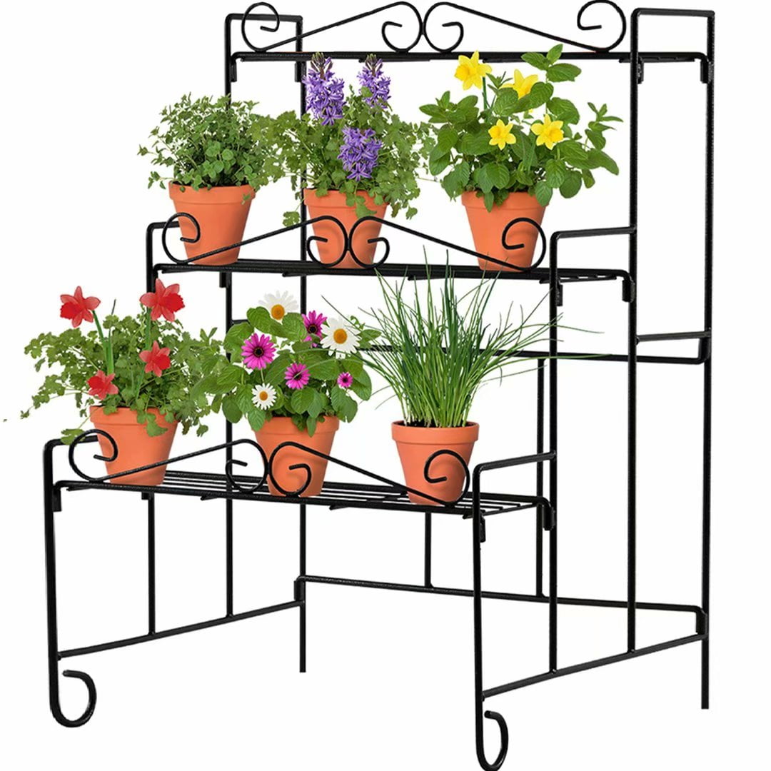Cerbior 3-Layer Foldable Metal Plant Stand Black Rectangle Flower Pot ...